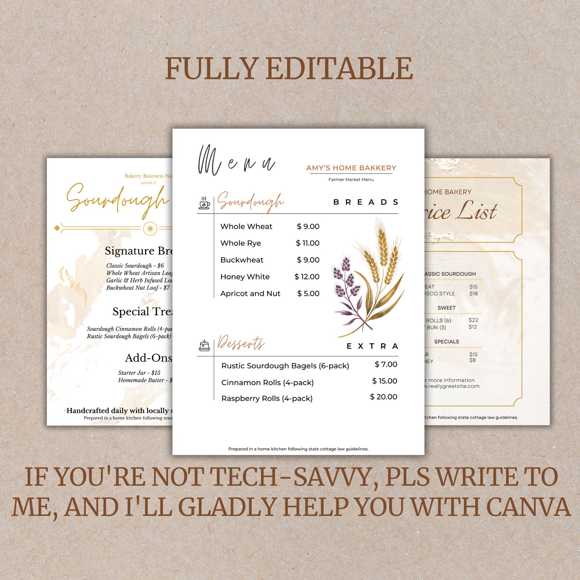 Sourdough Bakery Menu Template Bundle Editable Bread Price List ...
