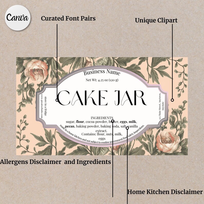 Cake Jar Label Cottage Kitchen Home Cakery Small Cakes Labels Victorian ...