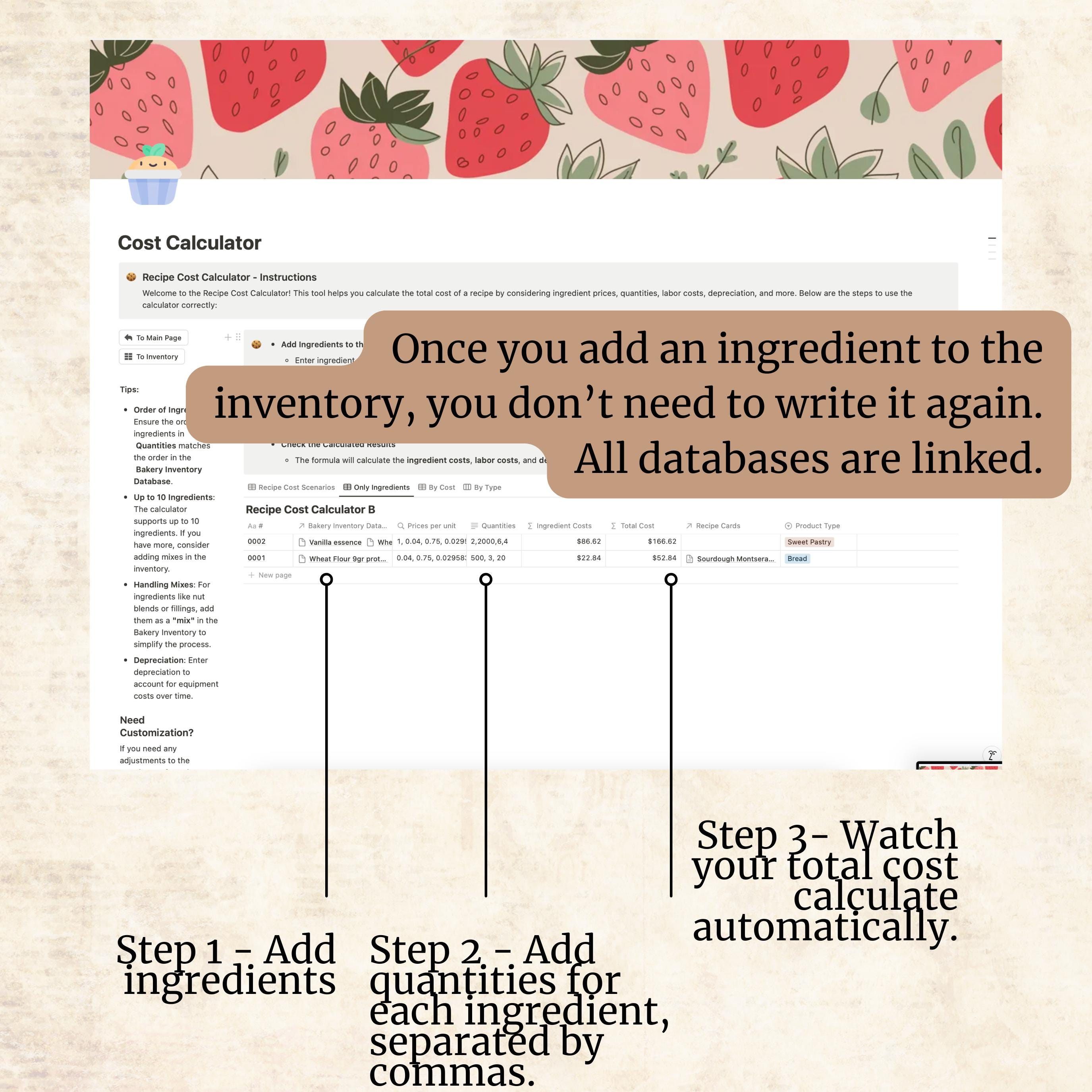 Recipe Costing Spreadsheet Notion Template Bakery Expense Tracking Tool ...