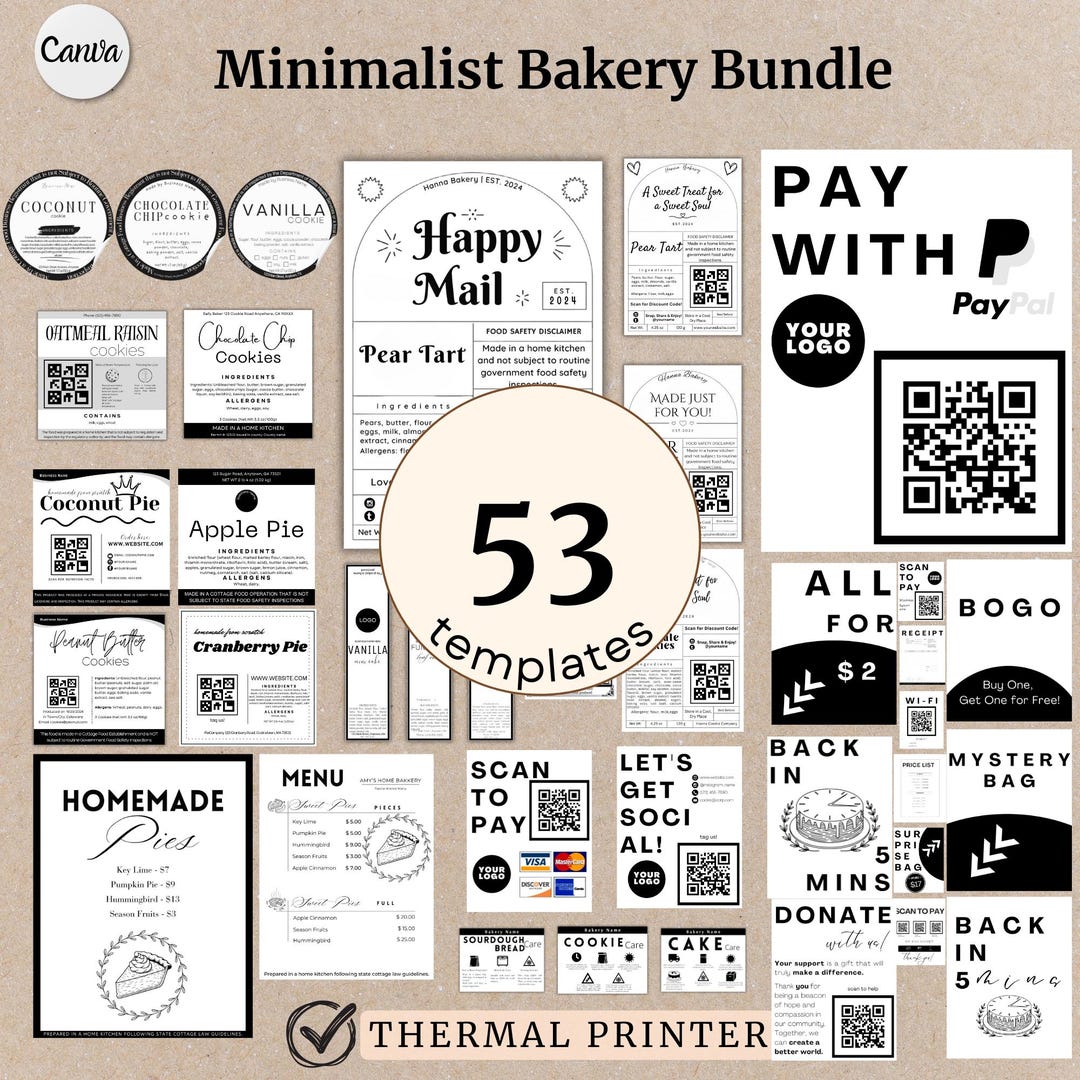 Minimalist Bakery Label Bundle 53 Editable Cottage Food Labels Baked ...