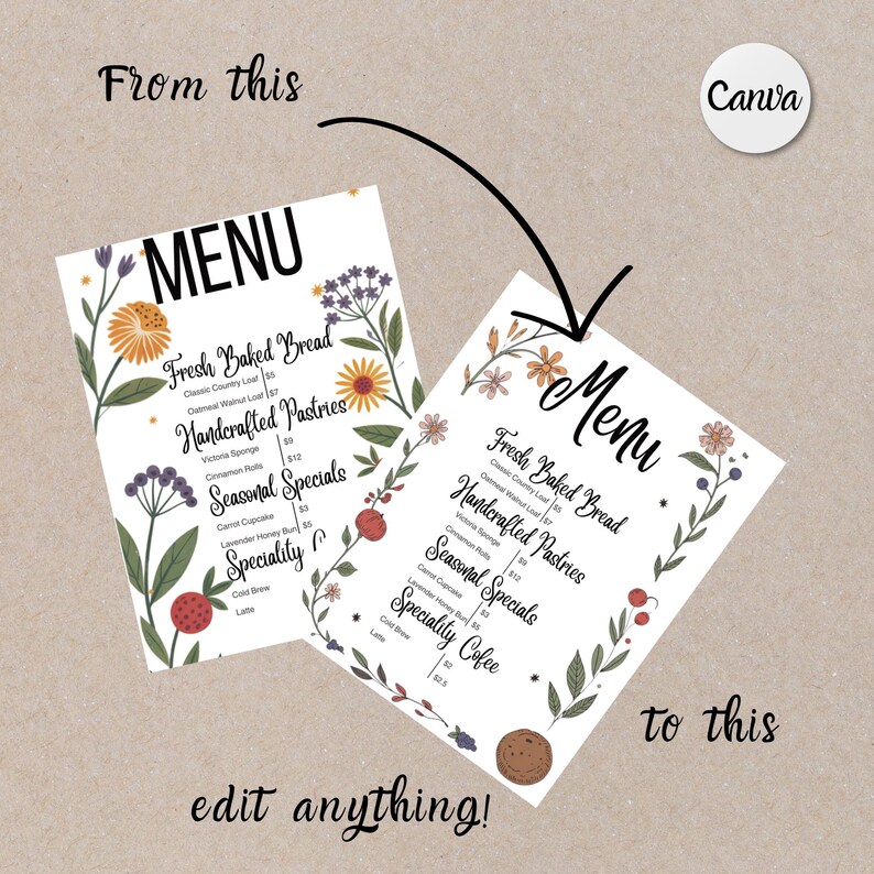Sourdough Menu Template Floral Bakery Price List Editable Cottagecore ...