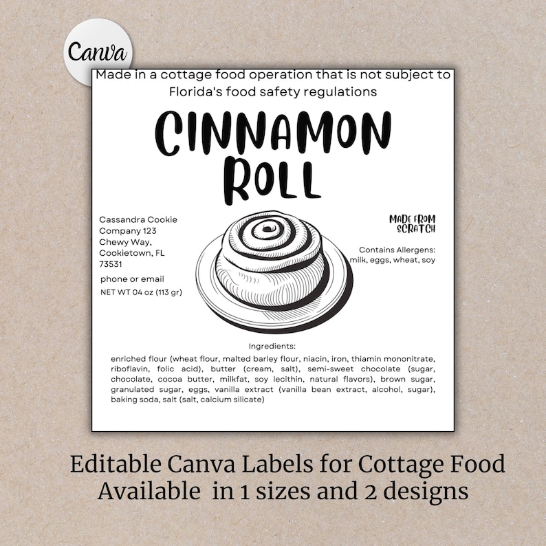 Editable Florida Cottage Law Cinnamon Roll Label Allergen Alert Label ...