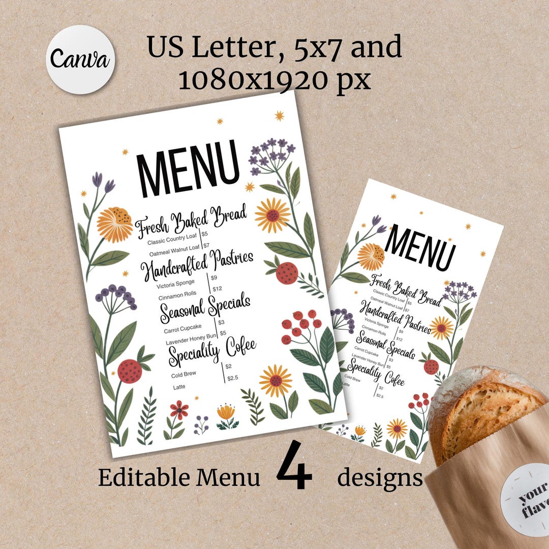 Sourdough Menu Template Floral Bakery Price List Editable Cottagecore ...