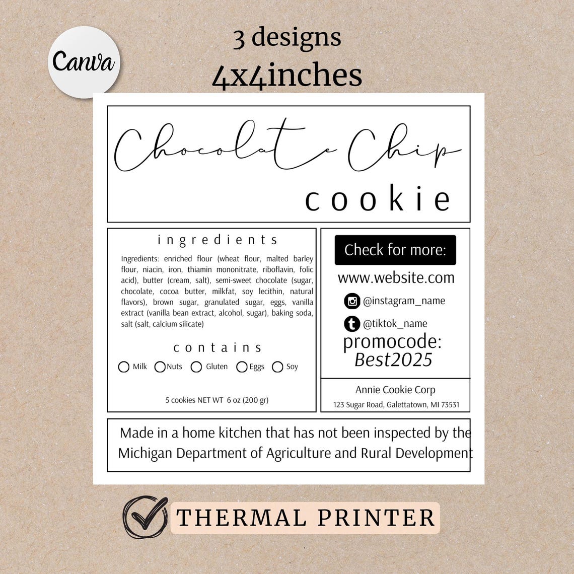 Cookie Label Template Thermal Printer Ingredient Sticker Cookie ...