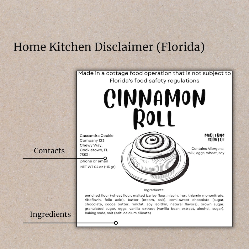 Editable Florida Cottage Law Cinnamon Roll Label Allergen Alert Label ...