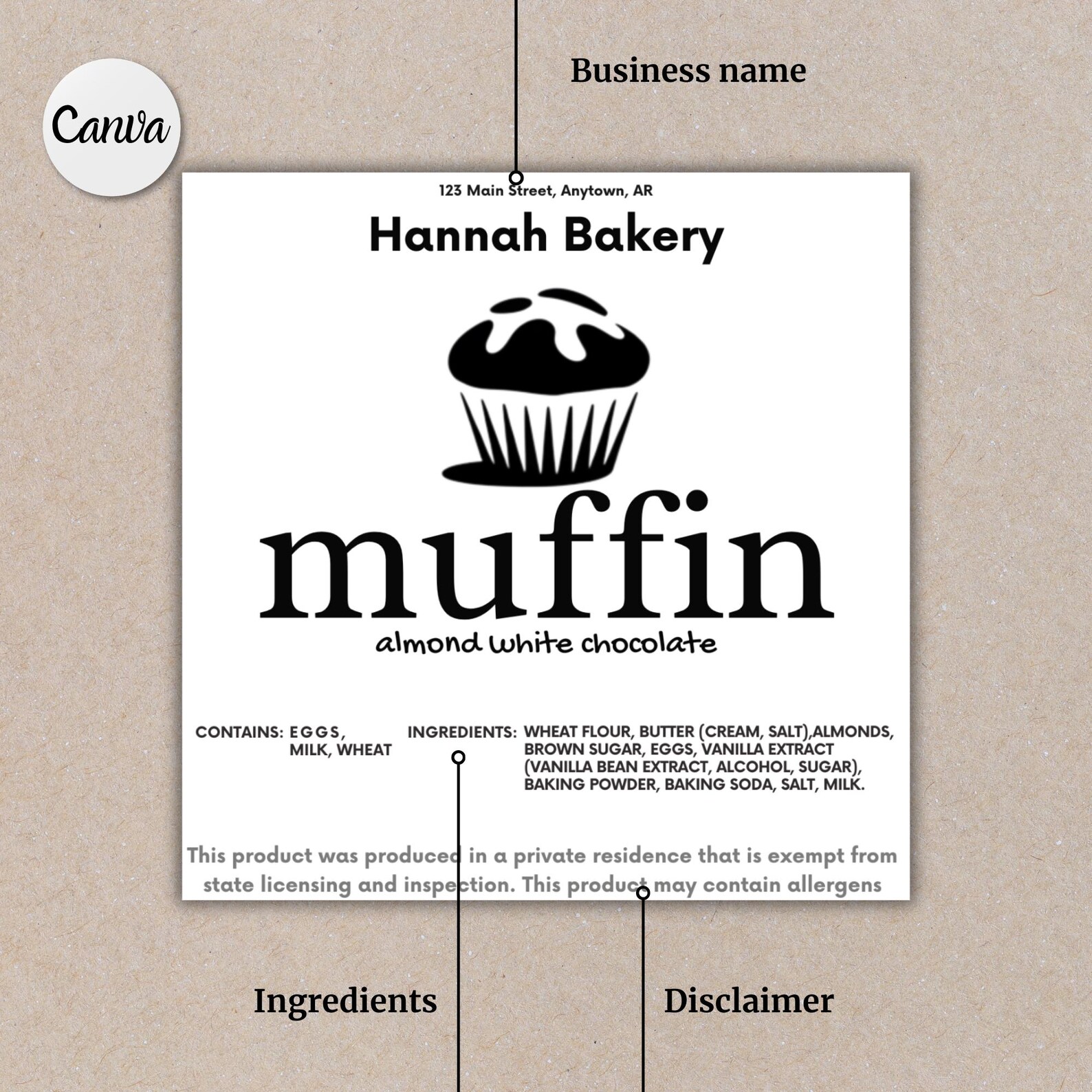 Muffin Label Template for Bakery Packaging Editable Canva Tag for ...