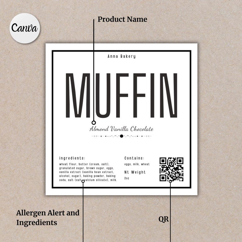 Muffin Label Template for Bakery Packaging Editable Canva Tag for ...