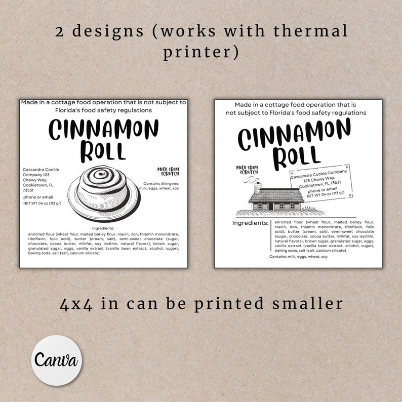 Editable Florida Cottage Law Cinnamon Roll Label Allergen Alert Label ...