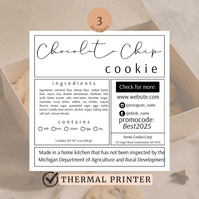 Cookie Label Template Thermal Printer Ingredient Sticker Cookie ...