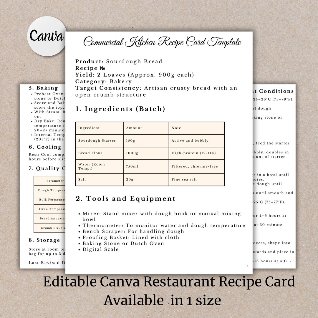 Restaurant Recipe Card Template Sourdough Baking Formula Card Bakery ...