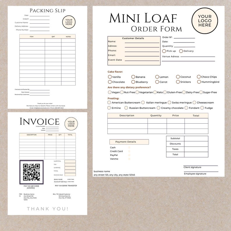 Mini Cake Order Form Mini Loaf Pan Packing Slip Dessert Order for Event ...