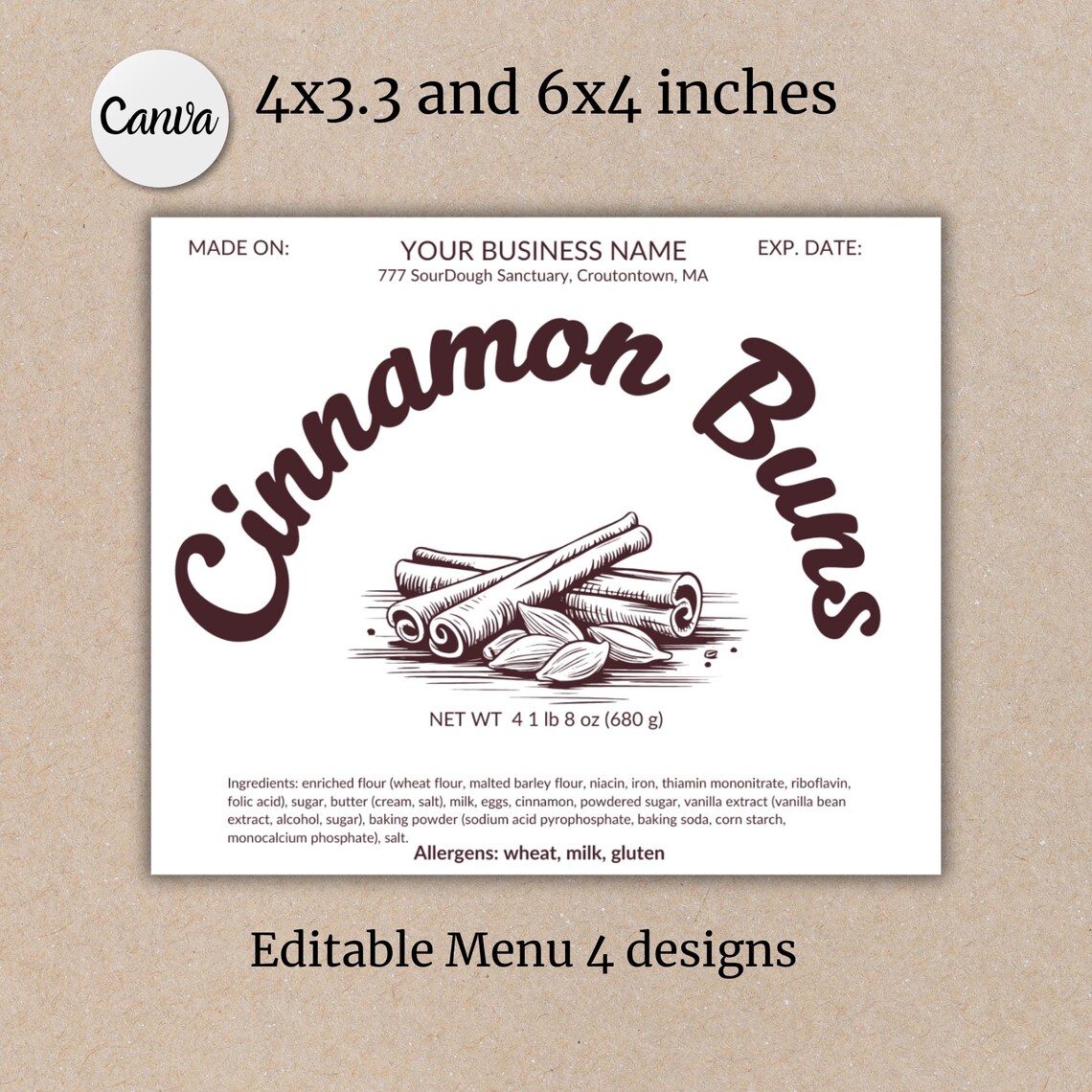 Cinnamon Roll Cottage Kitchen Cinnamon Bun Tag Allergen Alert Label 4x6 ...