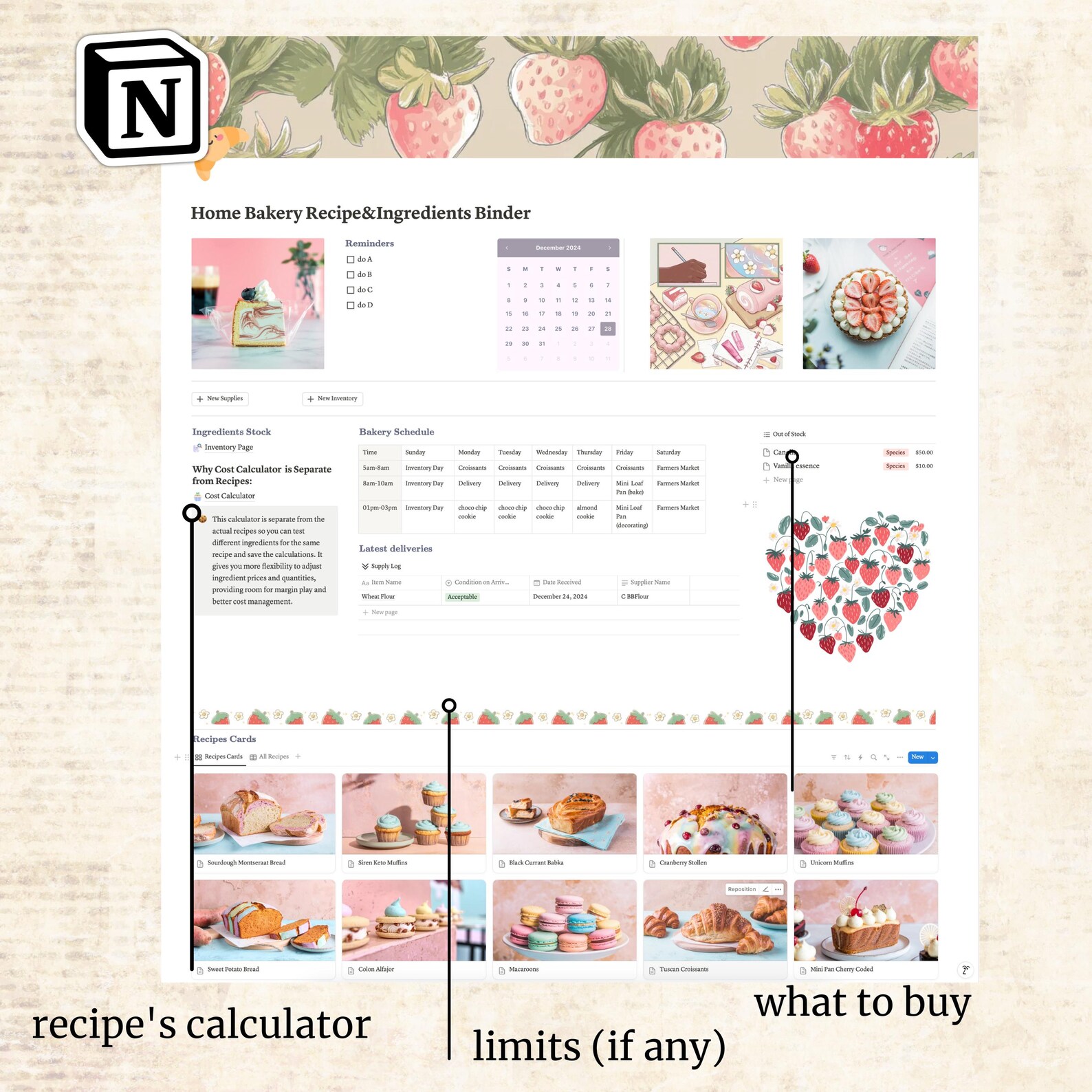 Bakery Cost Calculator Notion Template Bakery Recipe Cards Baking ...