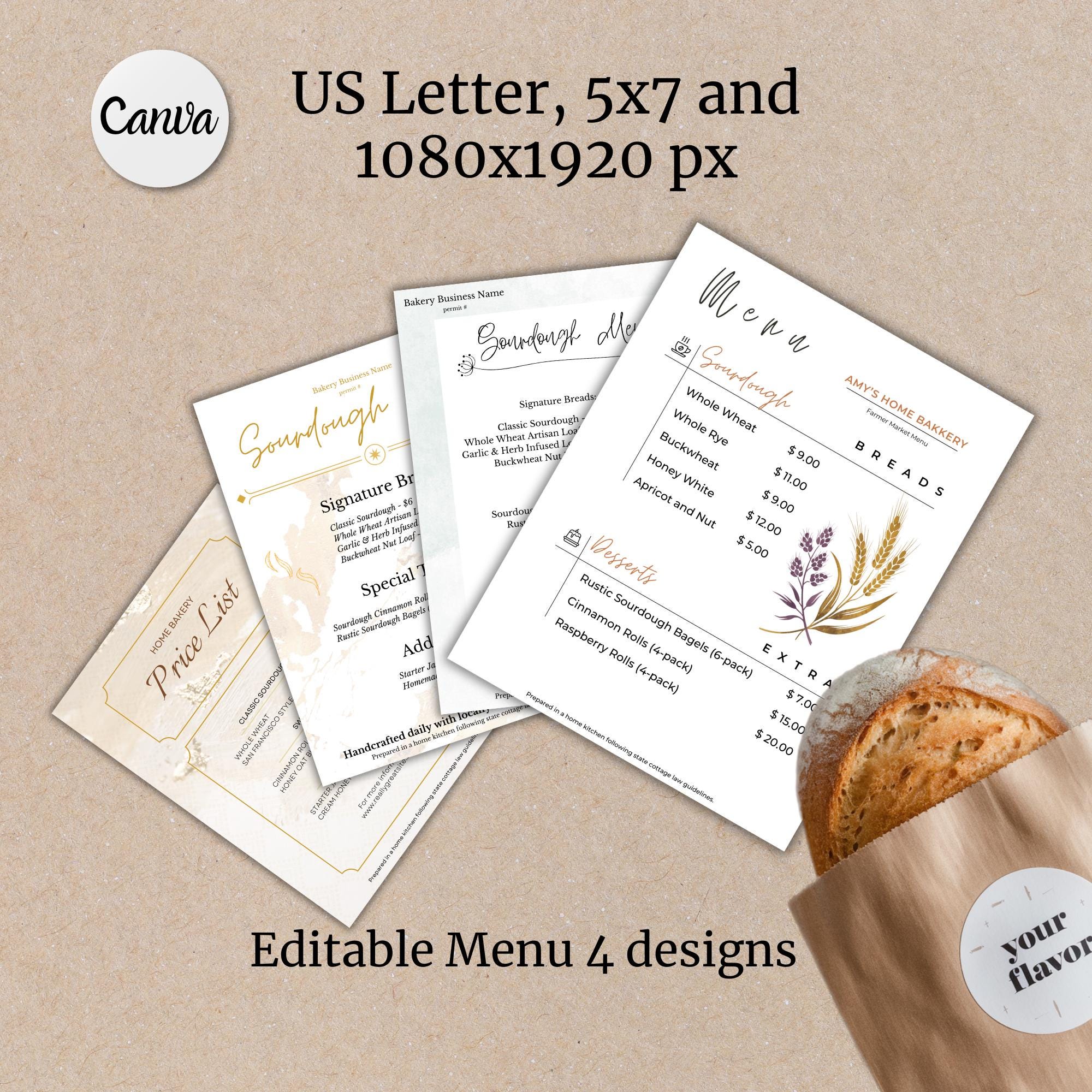 Sourdough Bakery Menu Template Bundle Editable Bread Price List ...