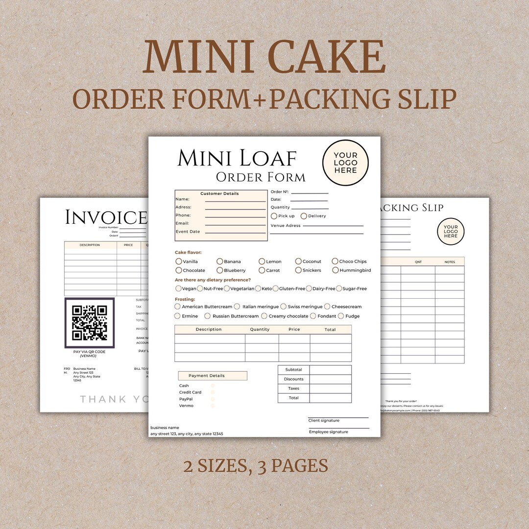 Mini Cake Order Form Mini Loaf Pan Packing Slip Dessert Order for Event ...