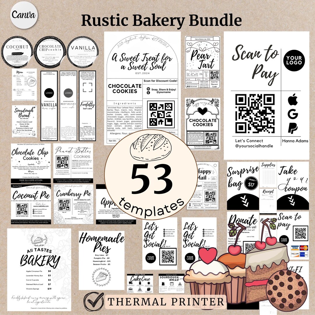 Rustic Minimalist Bakery Label Bundle 53 Editable Cottage Food Labels ...