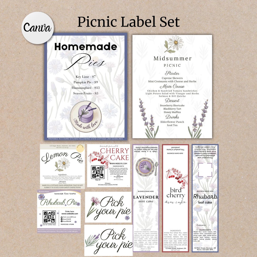 Bakery Labels Picnic Kit Pie Tag Set Printable Farmers Market Signs ...