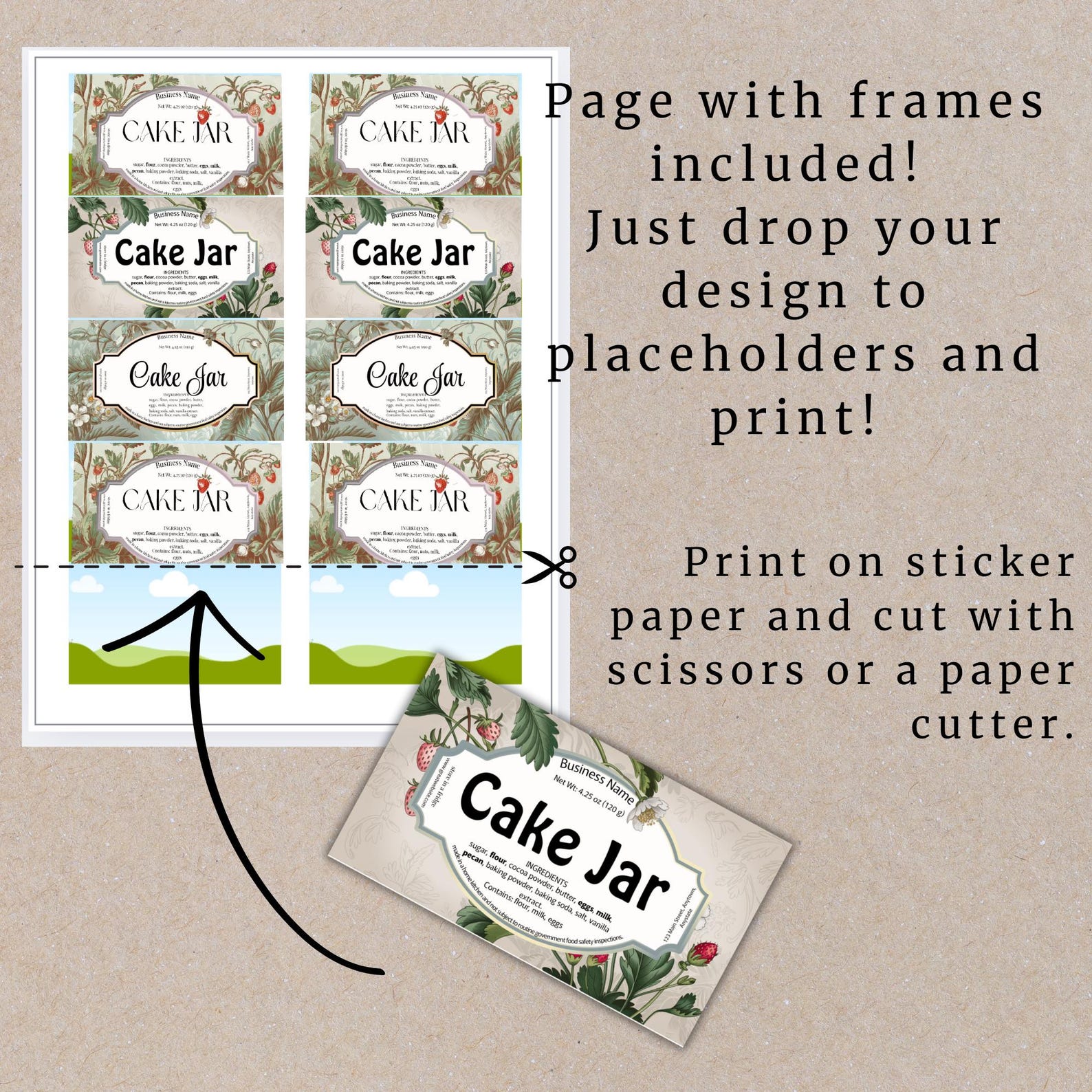 Cake Jar Label Cottage Kitchen Home Cakery Strawberry Cakes Labels ...