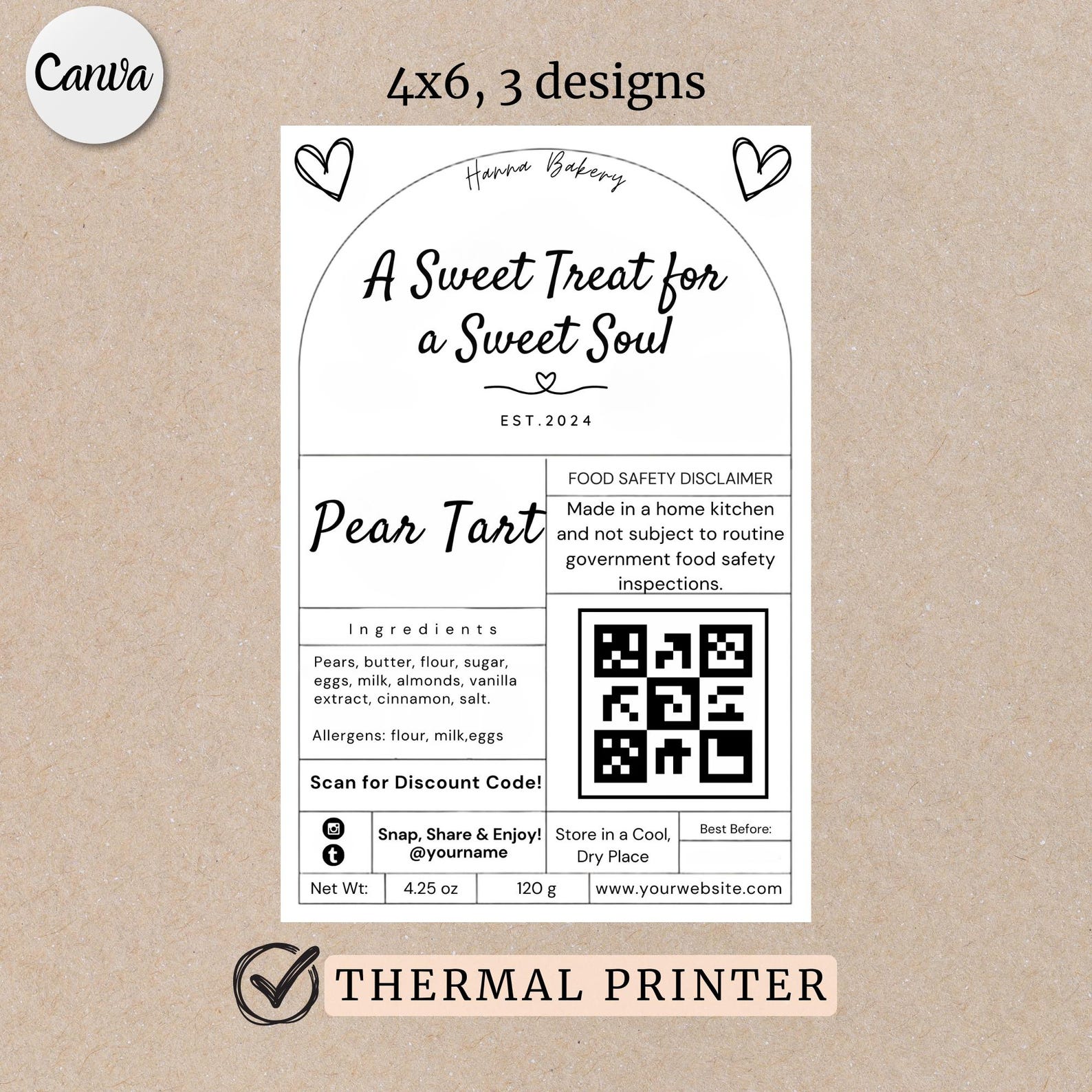 Thank You Card Thermal Printer Label for Bakery Retro Sticker Design ...