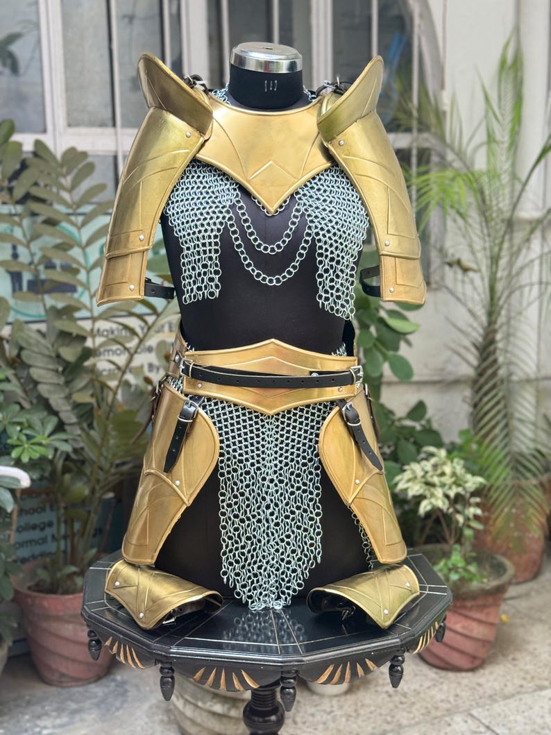 Valkyrie Golden Armor Set – Medieval Lady Warrior Chainmail Costume for ...