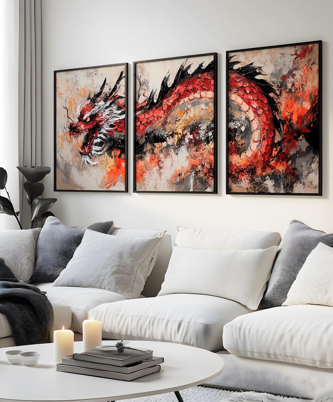 Dragon Expressionist Art – Abstract Triptych in Red, Black, and White ...