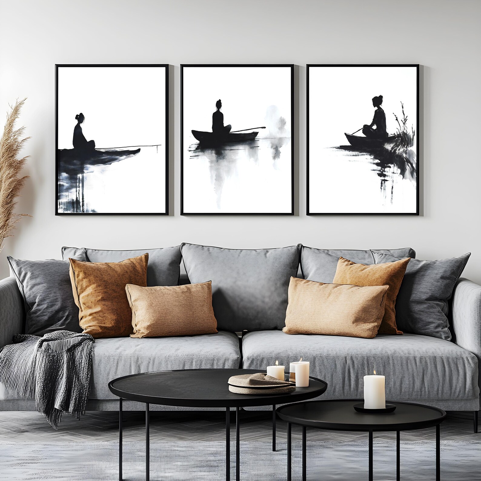 Minimalist Art - Tranquil Silhouettes in Black and White Ink, Set of 3 ...