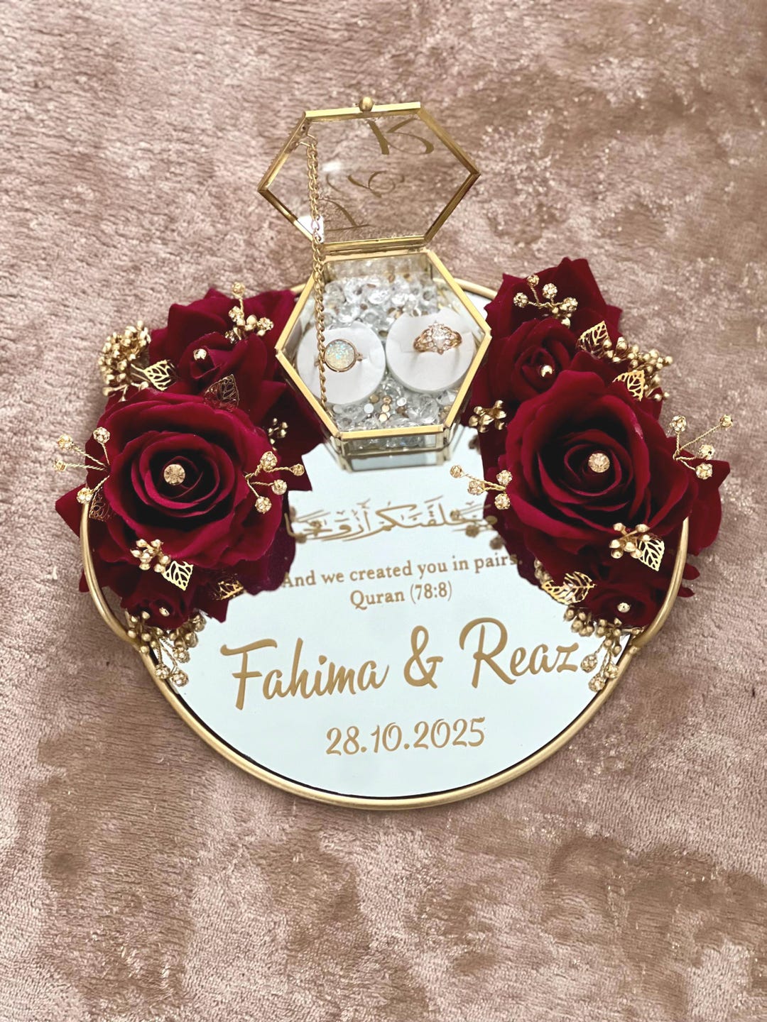 Personalized Wedding Ring Plate Ring Tray, Maroon & Gold Flowers ...
