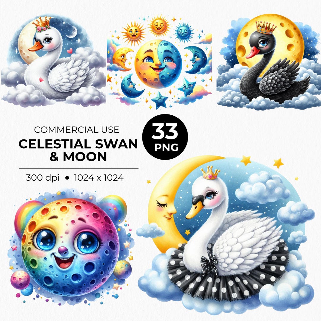 Celestial Swan & Moon Clipart, Dreamy Swan, Magic Moon, Night Sky ...