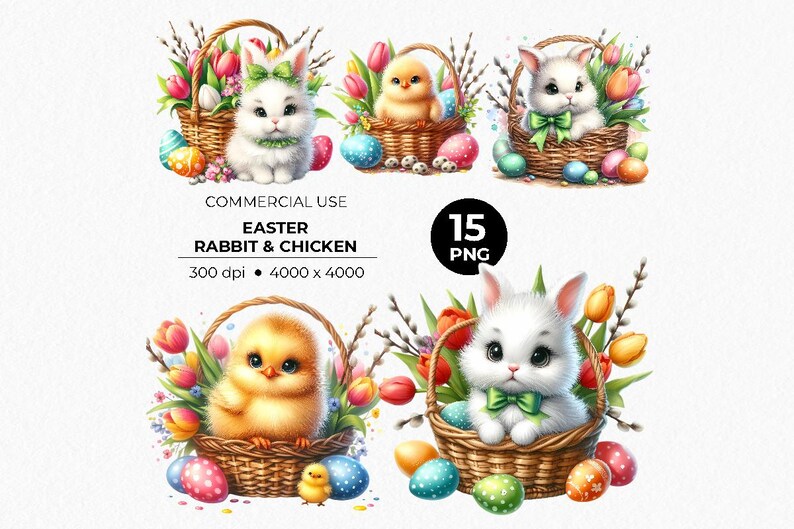 Easter Rabbit & Chicken Clipart – Spring PNG Digital Download - Etsy