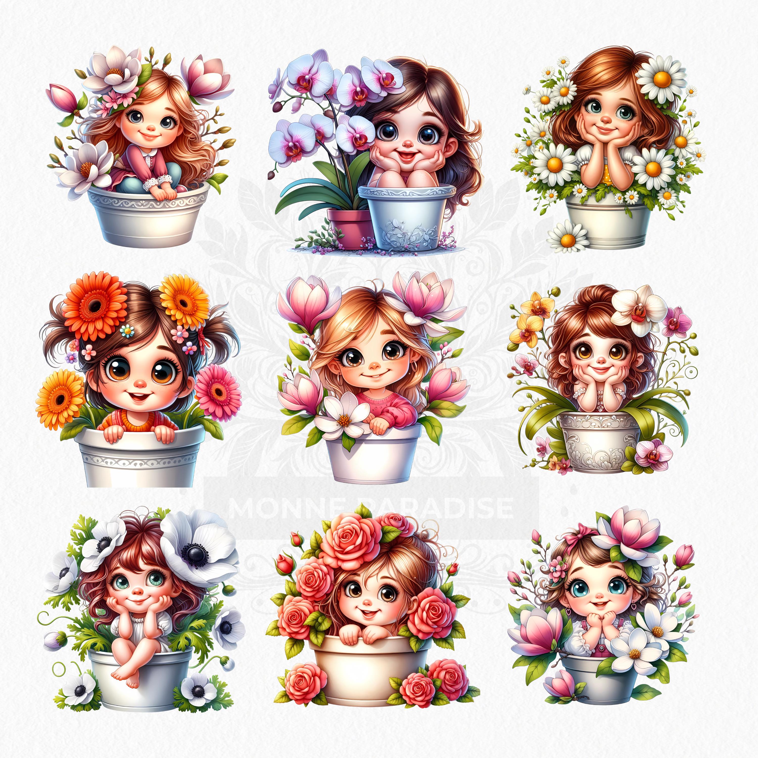 Cute Girls in Flower Pots PNG – Roses, Peonies, Daisies, Orchids ...