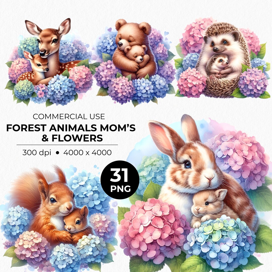 Forest Animals With Babies PNG, Fox, Bear, Squirrel, Rabbit, Deer ...