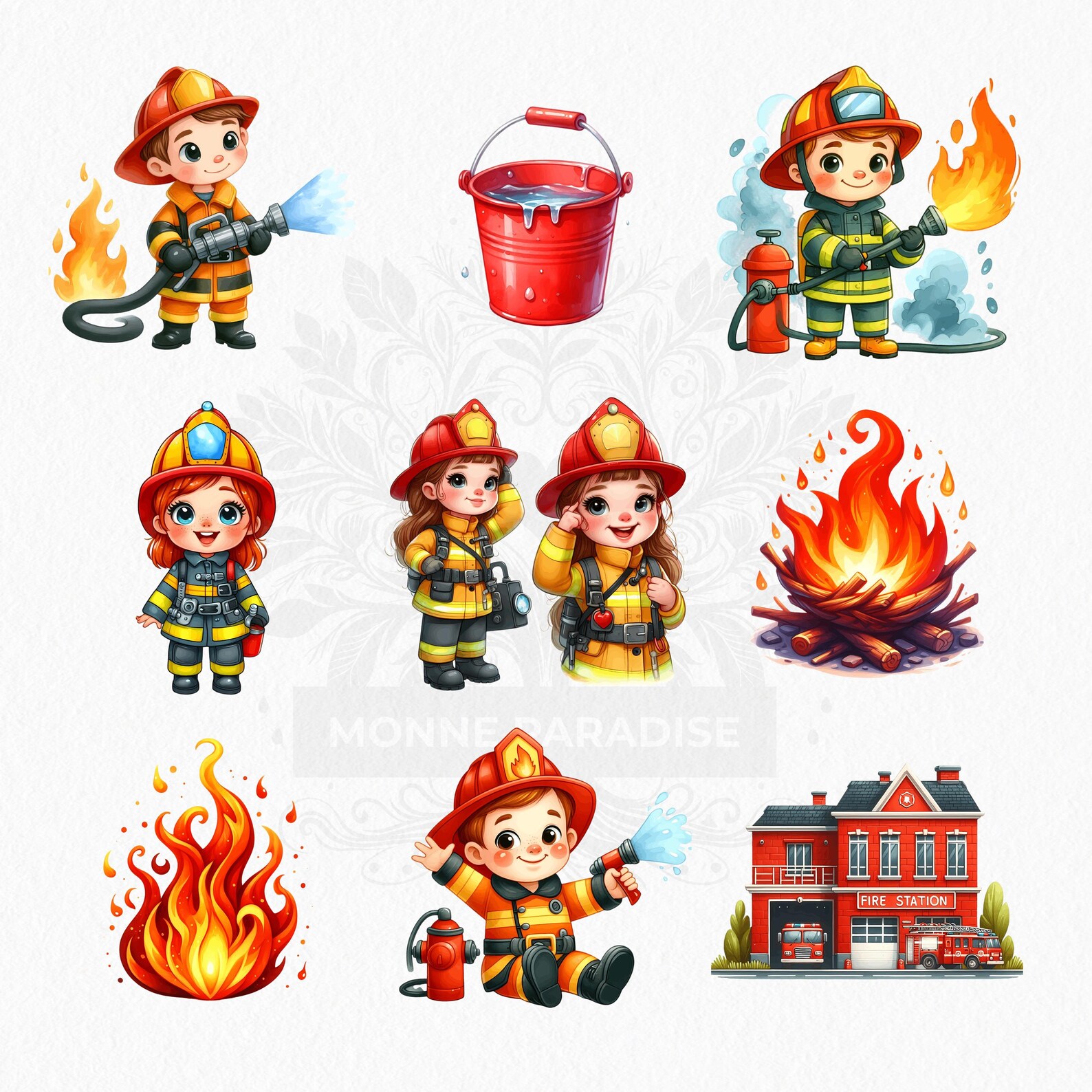 Firefighter Kids Clipart PNG Set, Fire Truck, Rescue (digital Download ...