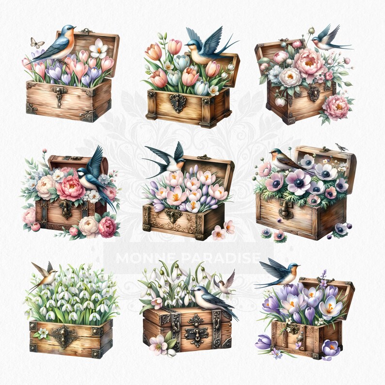 Vintage Birds With Spring Flowers & Treasure Chest PNG - Spring Floral ...