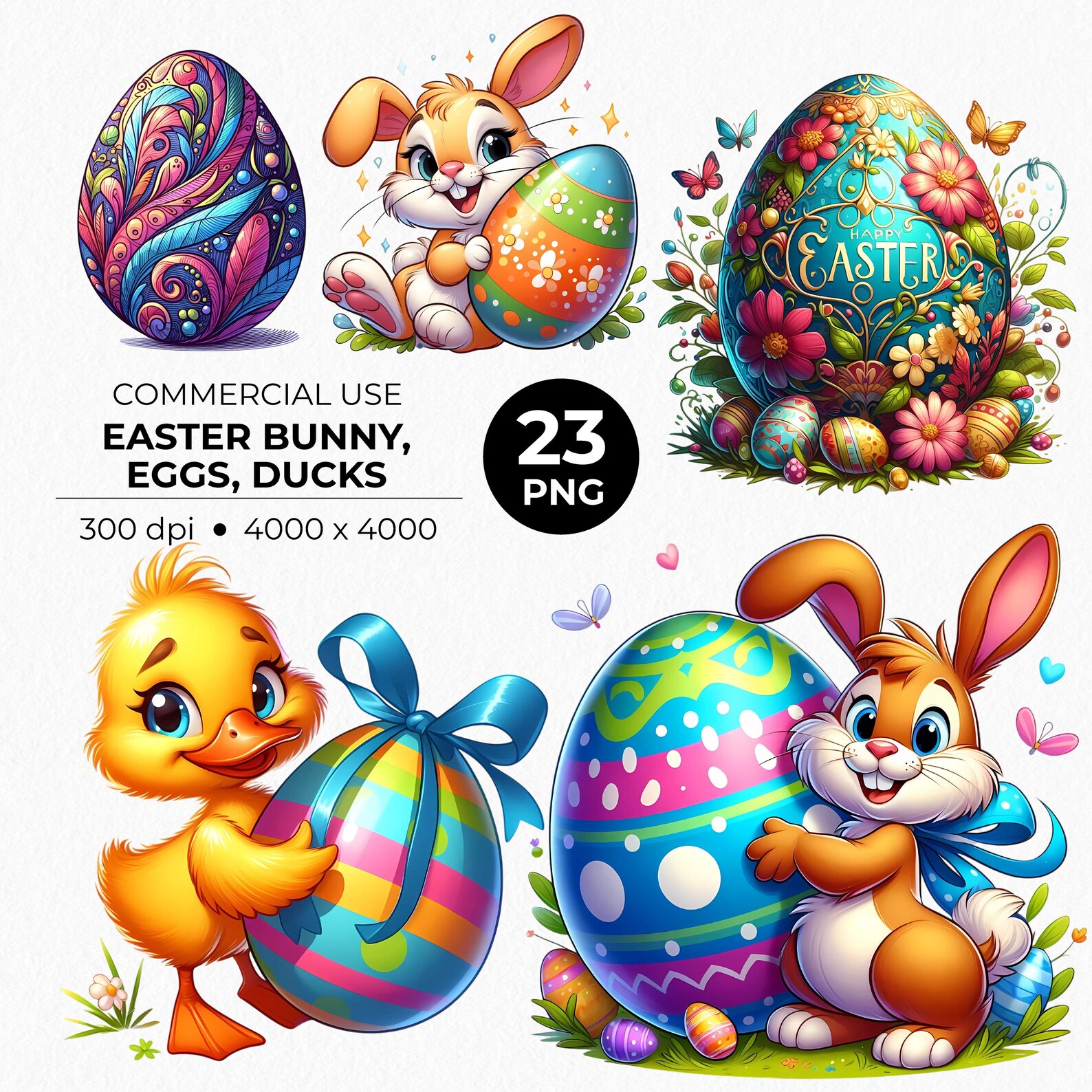 Easter Bunny, Eggs & Duck PNG - Spring, Easter Decor, Cute Rabbit ...