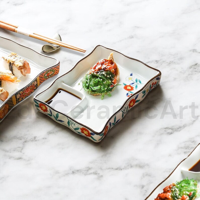 Square Japanese Floral Dumpling Plate With Sauce Holder Asian Porcelain ...
