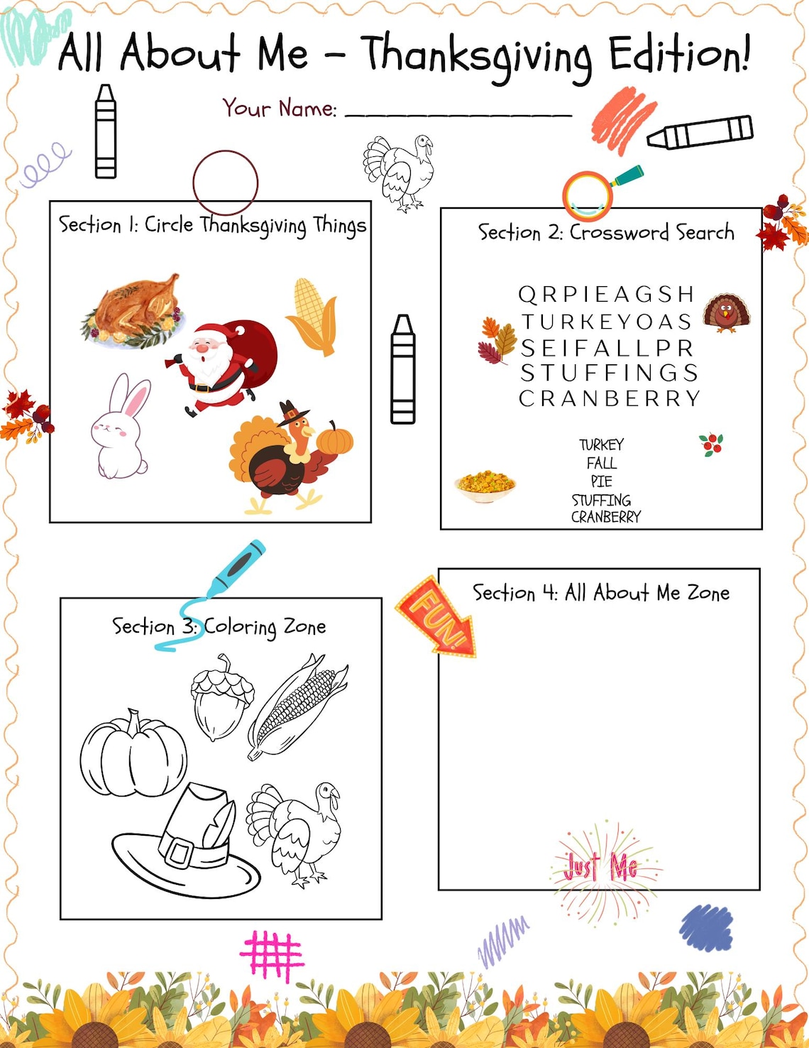 Thanksgiving 'all About Me' Activity Sheet – Printable Kids Game (PDF ...