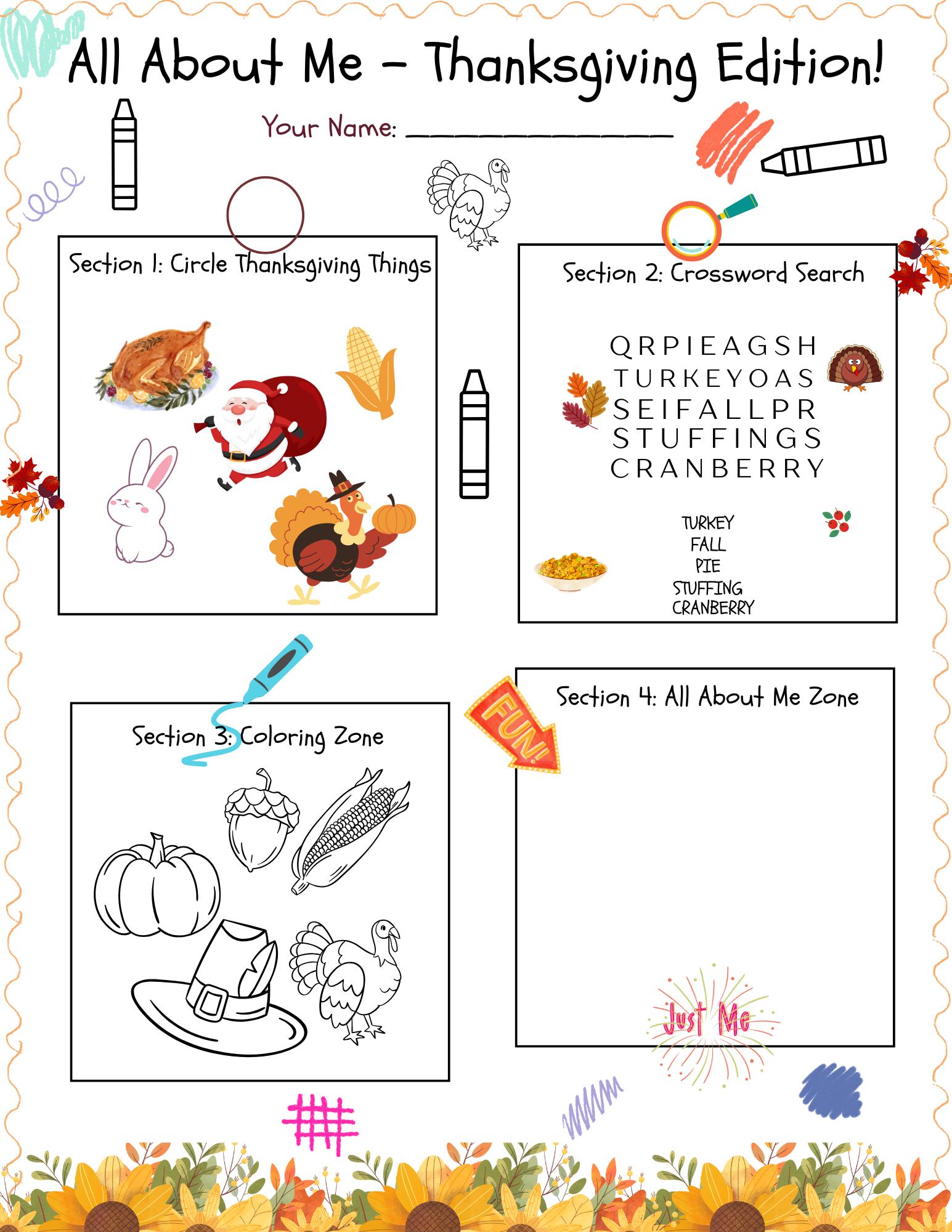 Thanksgiving 'all About Me' Activity Sheet – Printable Kids Game (PDF ...