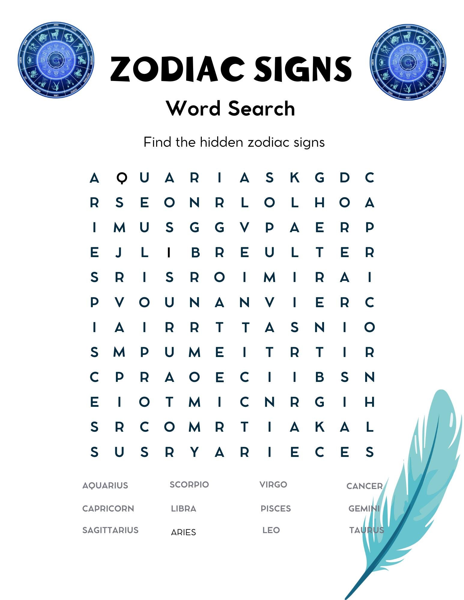 Zodiac Word Search Printable With Answer Key – Digital Astrology-themed ...