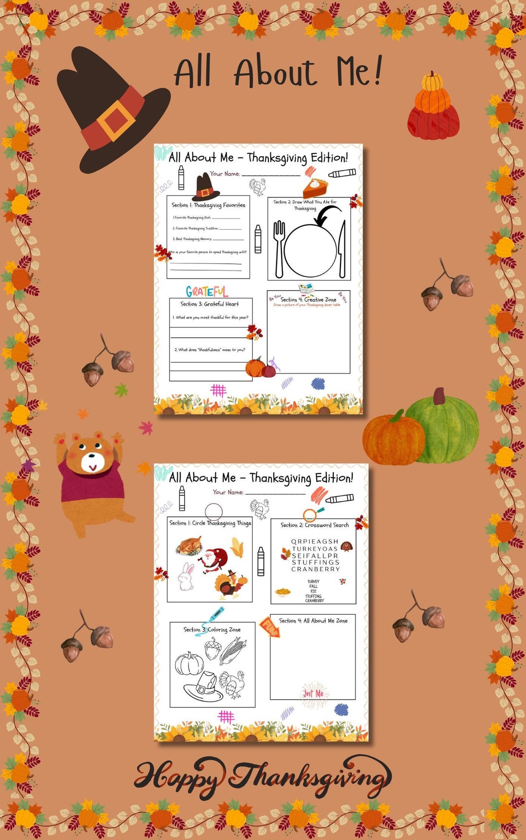 Thanksgiving 'all About Me' Activity Sheet – Printable Kids Game (PDF ...