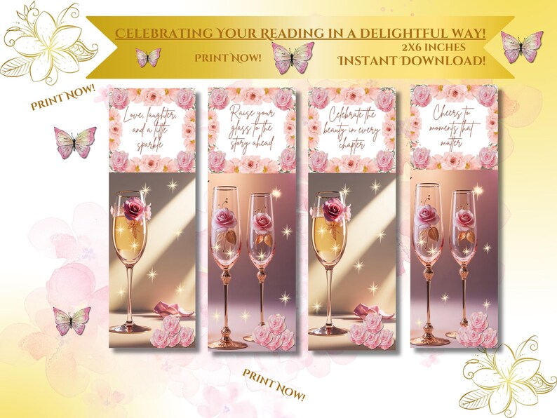 Printable Champagne Glass Bookmarks With Roses – Elegant & Unique ...