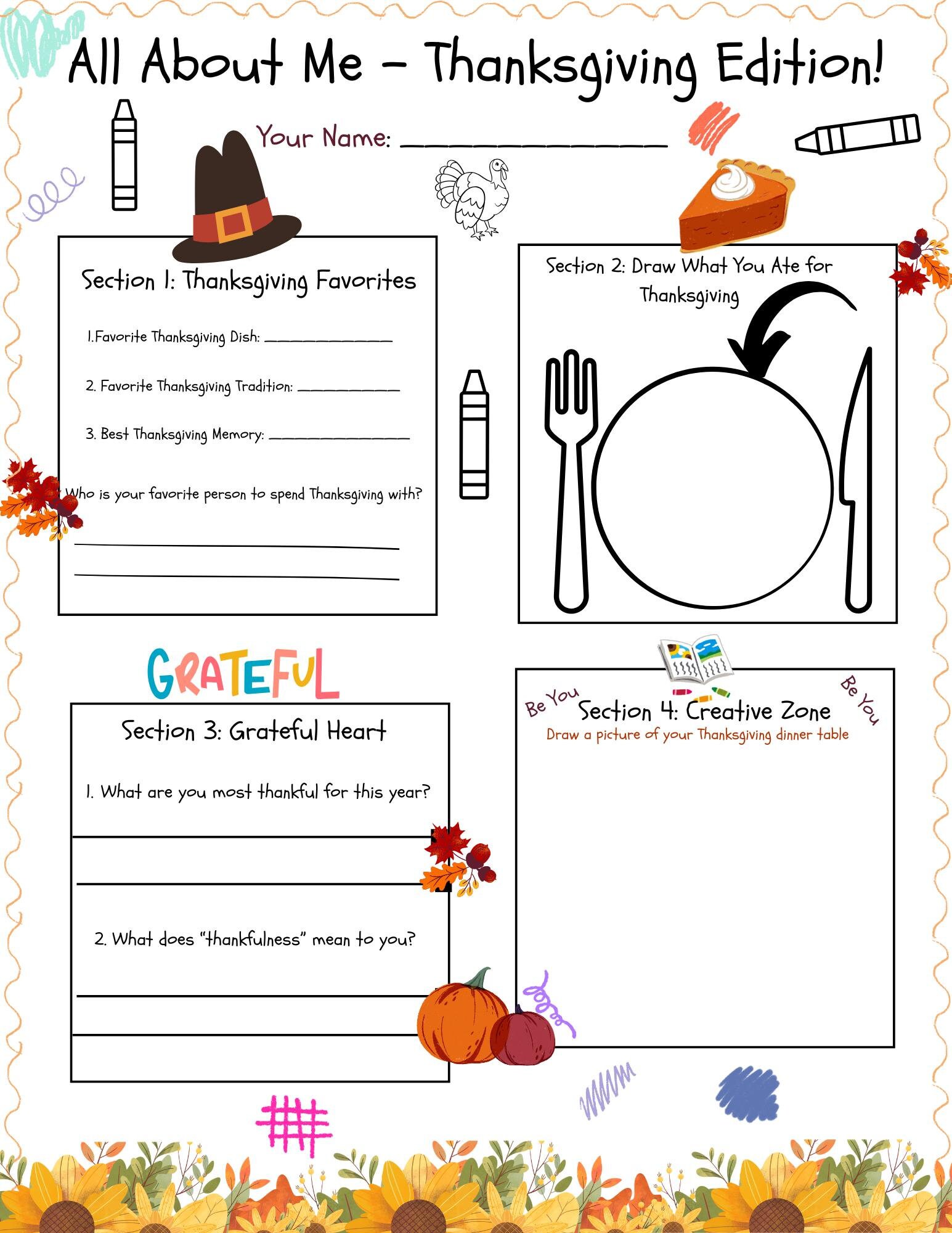Thanksgiving 'all About Me' Activity Sheet – Printable Kids Game (PDF ...
