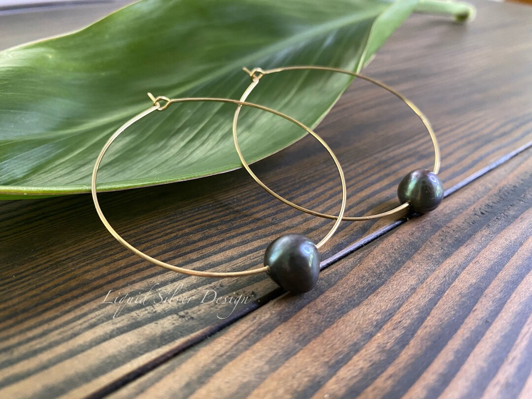 Black Pearl Gold Filled Hoop Earrings - Made in Hawaiʻi, USA - Etsy