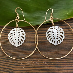 14k Gold Filled Hoop Earrings With White Mother of Pearl Monstera Leaf ...