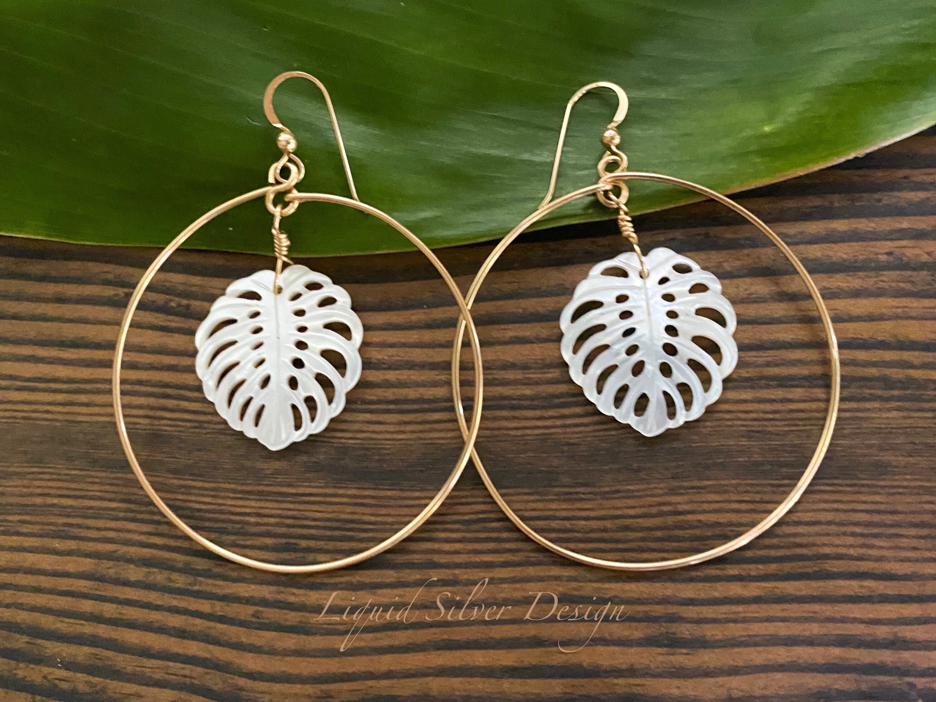 14k Gold Filled Hoop Earrings With White Mother of Pearl Monstera Leaf ...