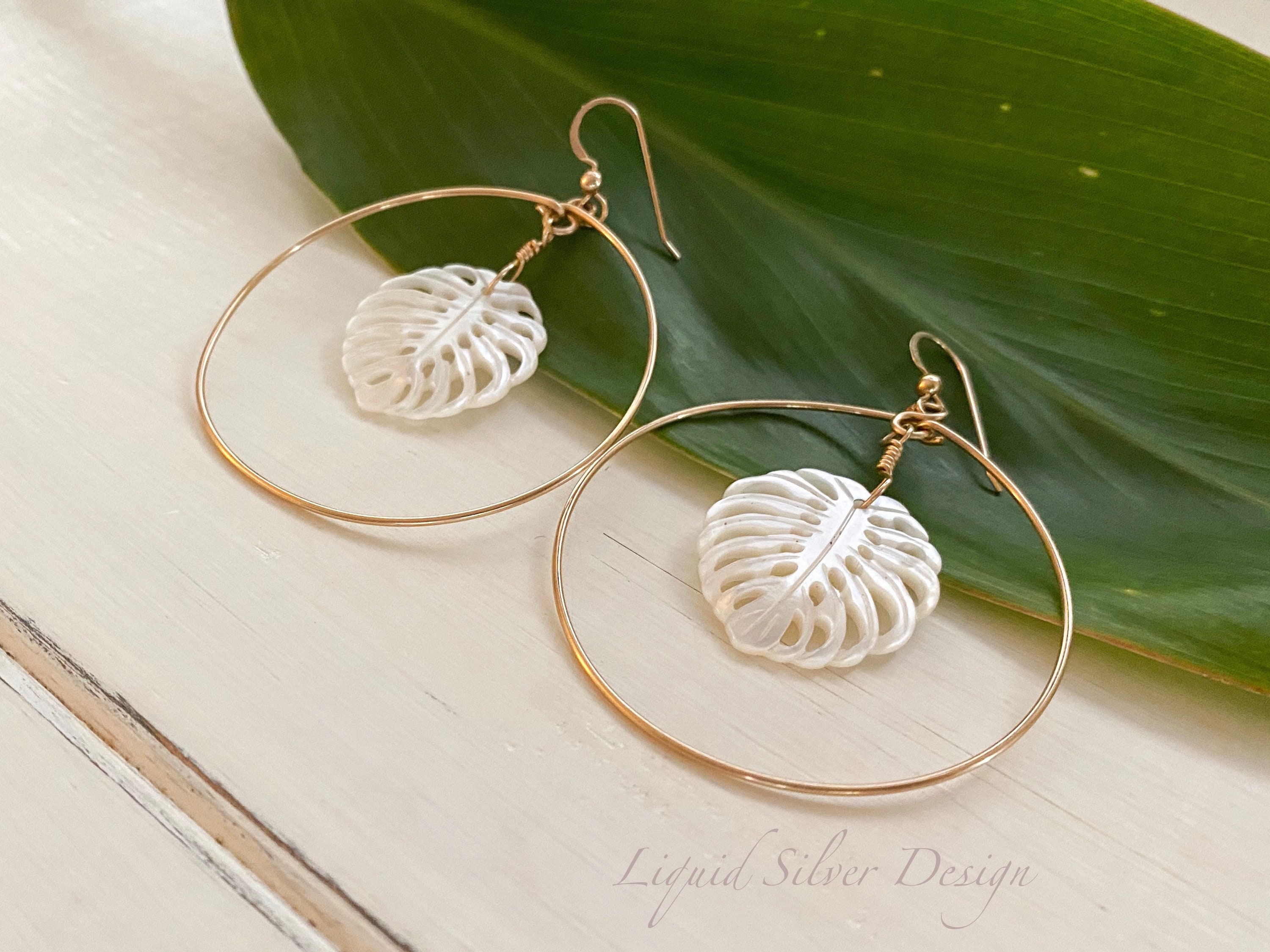 14k Gold Filled Hoop Earrings With White Mother of Pearl Monstera Leaf ...