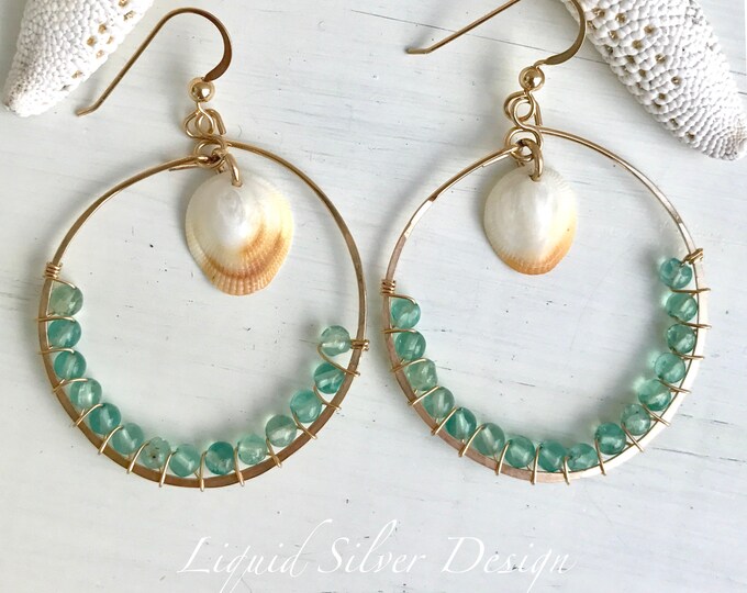 14K Gold Filled Hammered Hoop Earrings, Hawaiian Shell & Apatite Stone ...