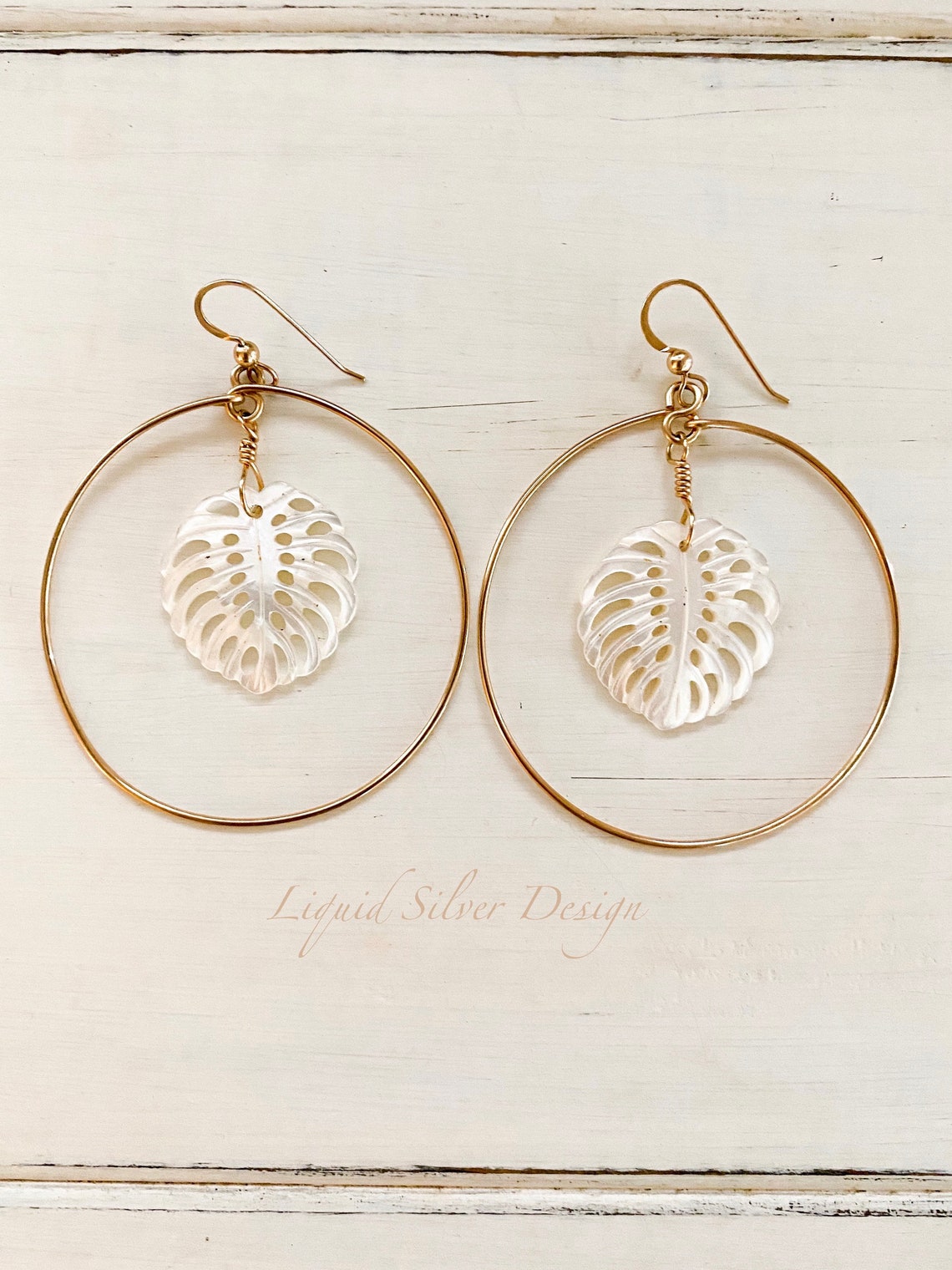 14k Gold Filled Hoop Earrings With White Mother of Pearl Monstera Leaf ...