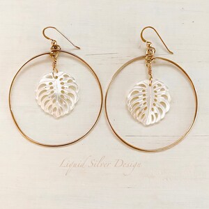 14k Gold Filled Hoop Earrings With White Mother of Pearl Monstera Leaf ...