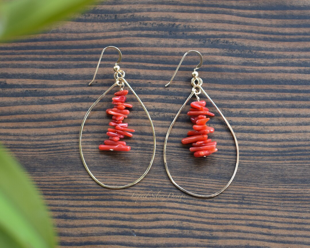 Red Coral 14k Gold Filled Hammered Teardrop Earrings - Made in Hawaiʻi ...