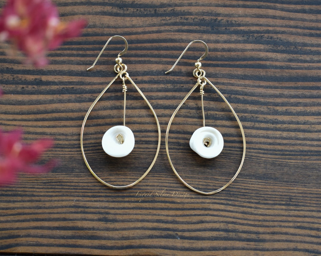 Fabulous 14k Gold Fill PUKA Shell Hammered Teardrop Earrings - Made in ...